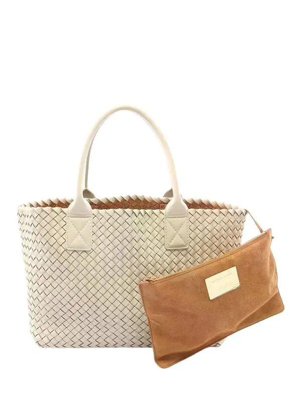 Bottega Veneta Small Lambskin Intreccio Cabat Tote Bag - White