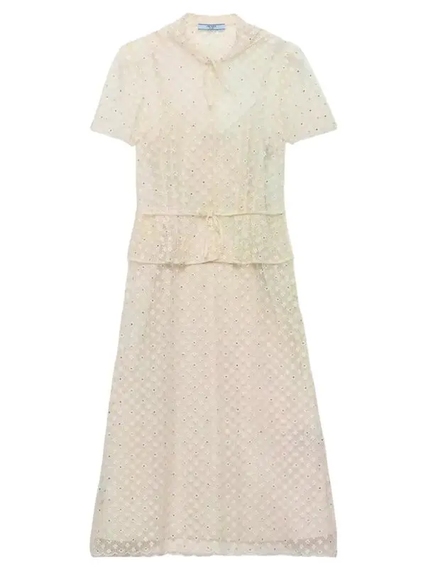 Prada Embroidered Lace Dress With Scarf Collar - Neutrals