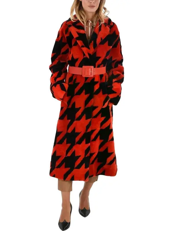 Drome Belted Houndstooth Shearling Coat - Red