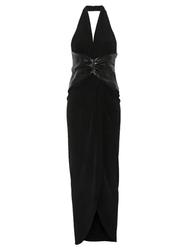 Andamane Halterneck Dress With Leather Paneling - Black