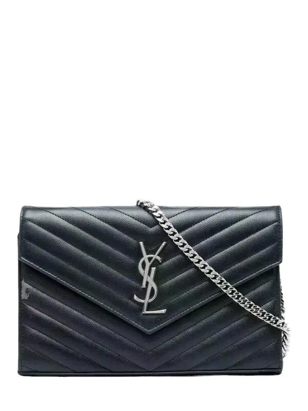 Saint Laurent Grain De Poudre Chevron Cassandre Envelope Chain Wallet Crossbody Bag - Black