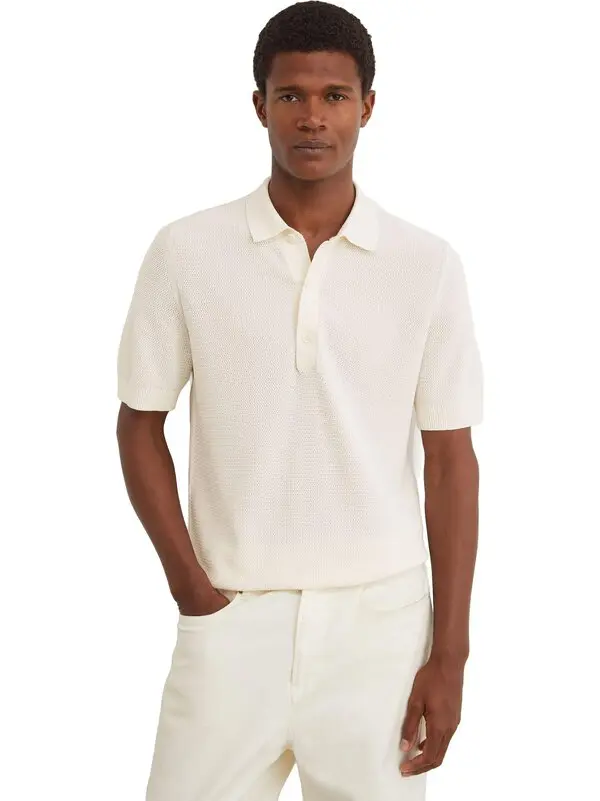 REISS Warren Cotton-blend Basket-stitch Polo Shirt - Ecru