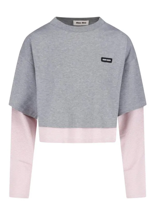Miu Miu Cropped Cotton T-shirt - Gray