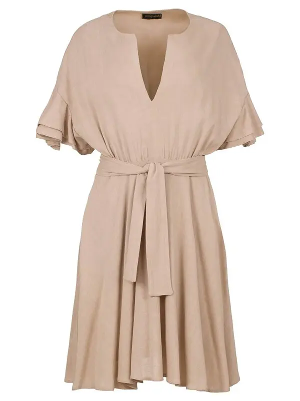 CONQUISTA Beige Linen Blend Ruffle Sleeve Dress With Belt - Brown