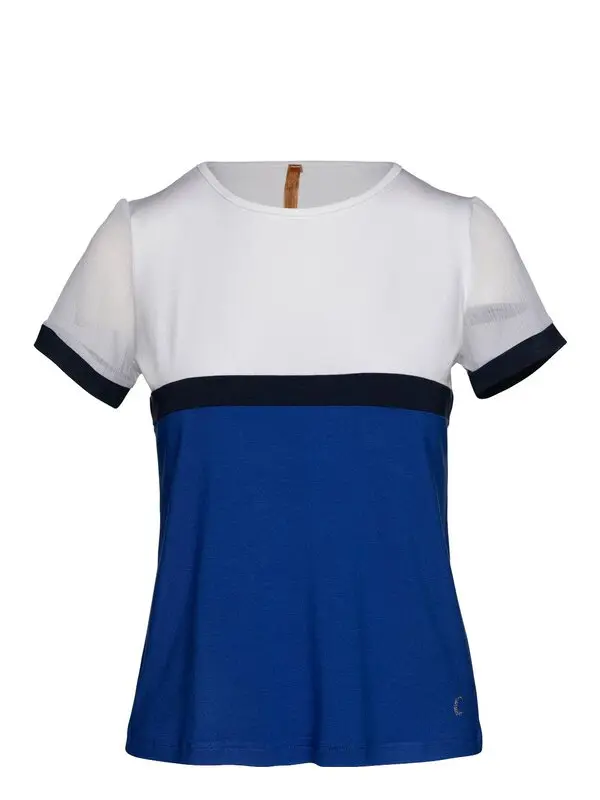 CONQUISTA Color Blocked Short Sleeve Tee With Sheer Sleeves - Blue