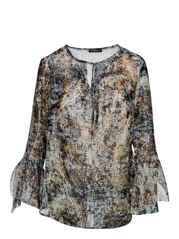 CONQUISTA Print Voile Top With Flounce Sleeves - Gray
