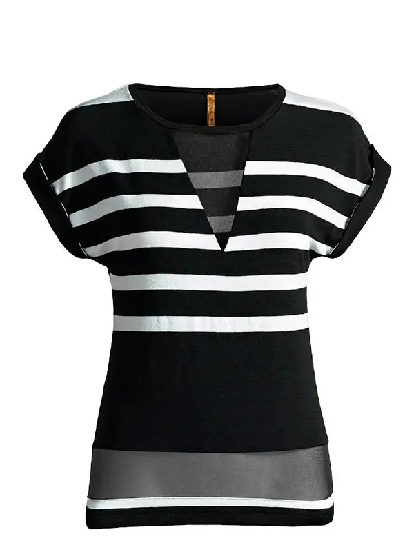 CONQUISTA Striped Top With Sheer Detailing - Black