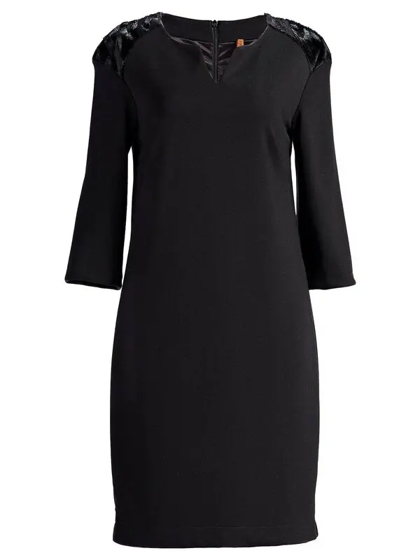 CONQUISTA Straight Dress With Faux Fur Shoulder Detail - Black