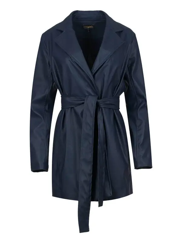 CONQUISTA Belted Faux Leather Jacket - Blue