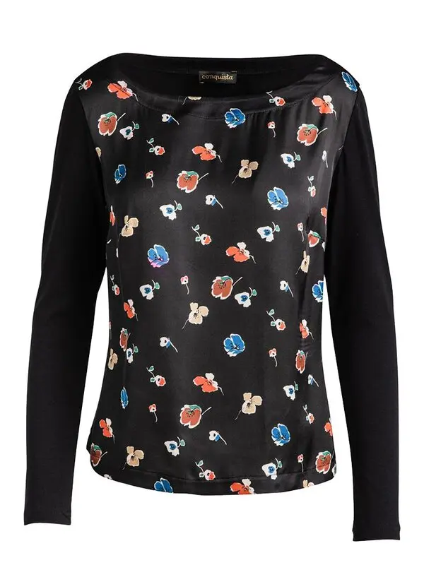 CONQUISTA Poppy Print Long Sleeve Top - Black