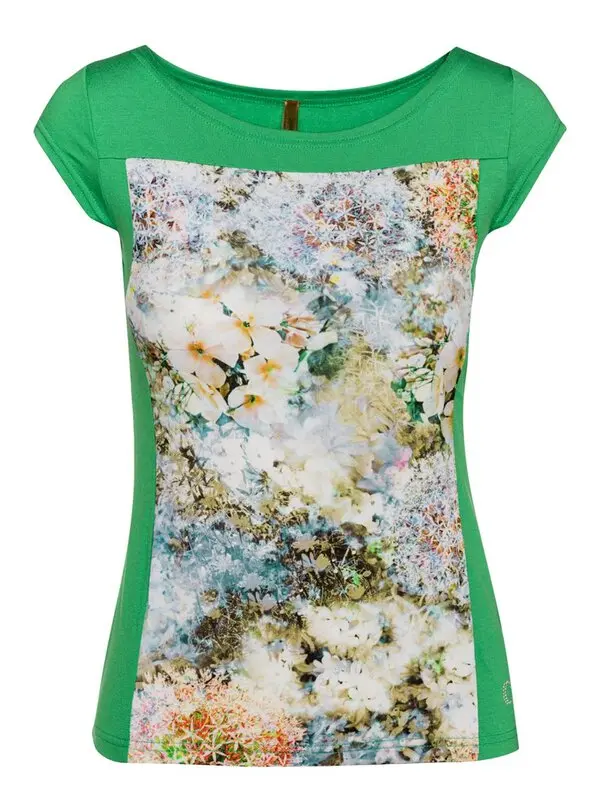 CONQUISTA Floral Print Boat Neck Top - Green
