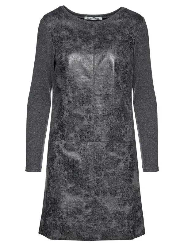 CONQUISTA Long Sleeve Dress With Faux Leather Front - Grey