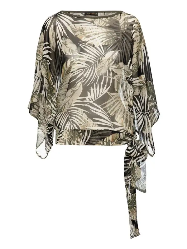 CONQUISTA Printed Chiffon Batwing Top With Belt - Green