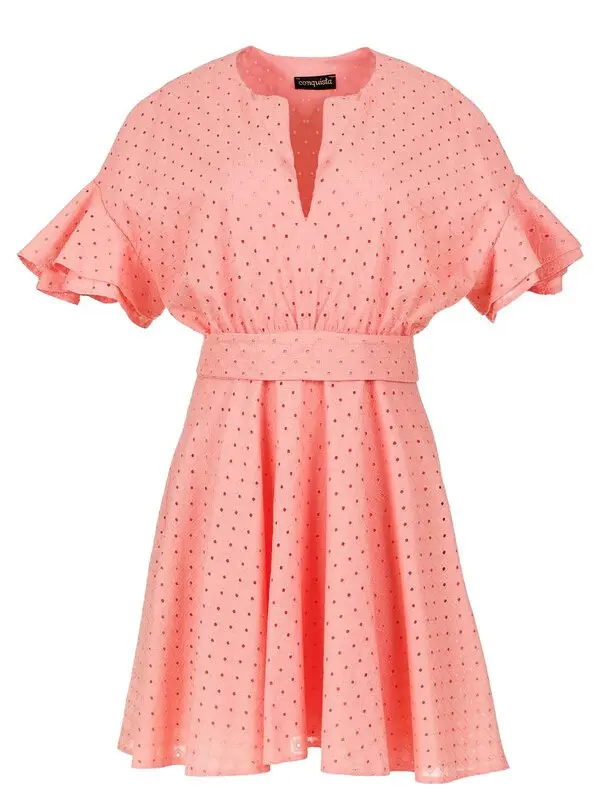CONQUISTA Embroidered Cotton Dress With Ruffle Sleeves And Belt - Pink