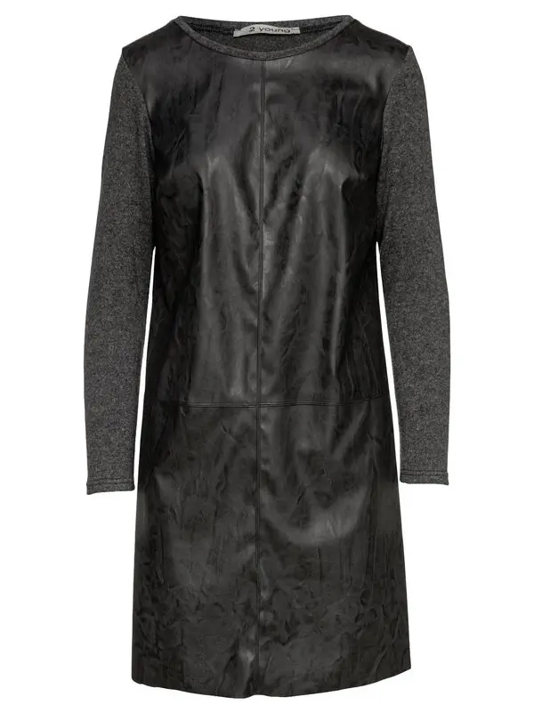 CONQUISTA Dark Faux Leather Detail Knit Dress - Grey