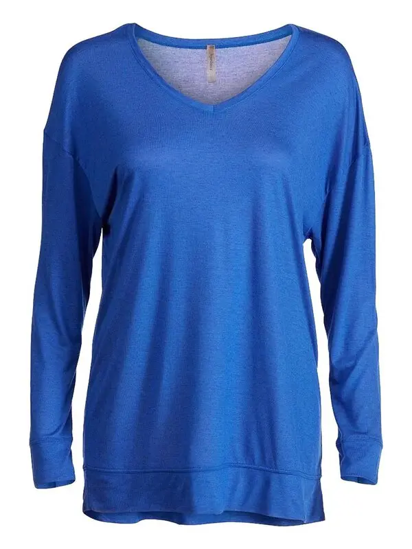 CONQUISTA Oversized Long Sleeve V-neck Top With Rhinestone Detail - Blue