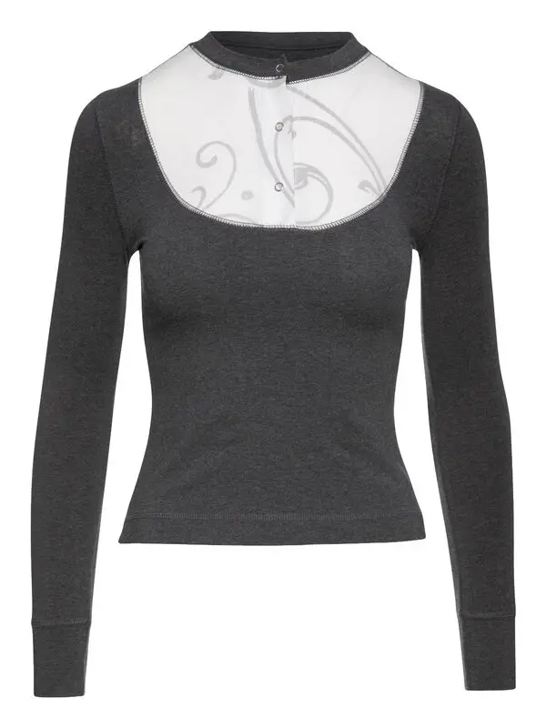 CONQUISTA Dark Ribbed Long Sleeve Top With Poplin Detail - Grey