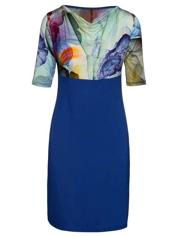 CONQUISTA Cowl Neck Printed Bodice Dress - Blue
