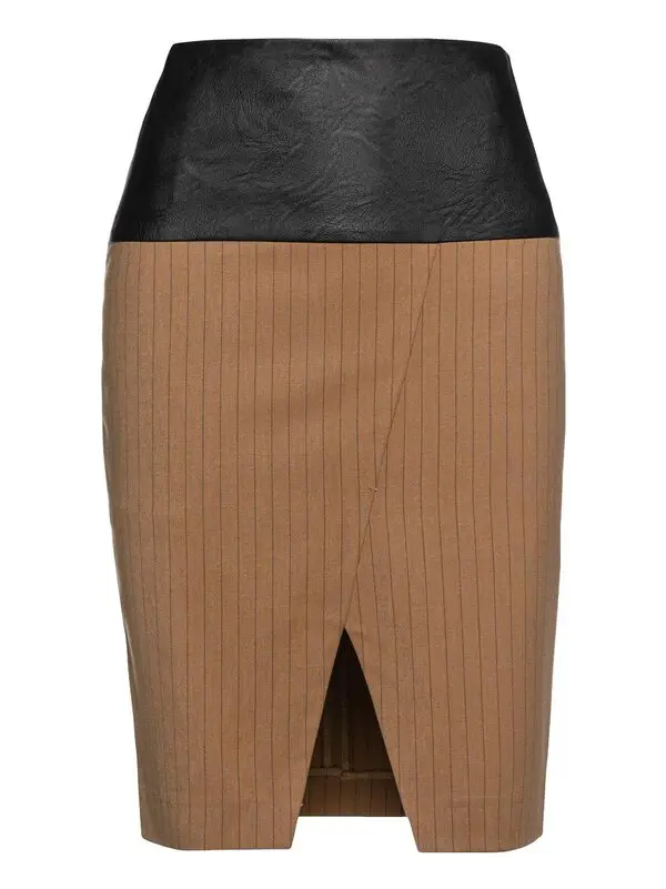 CONQUISTA Camel Striped Pencil Skirt With Faux Leather Waistband - Brown