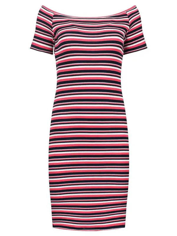 CONQUISTA Off-shoulder Striped Fitted Dress - Black/white/red
