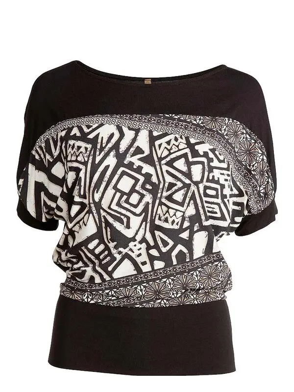 CONQUISTA Short Sleeve Boatneck Top With Geometric Print - Black