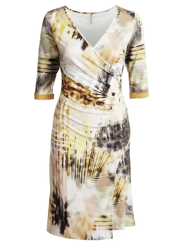 CONQUISTA Printed Faux Crossover Dress With 3/4 Sleeves - Yellow