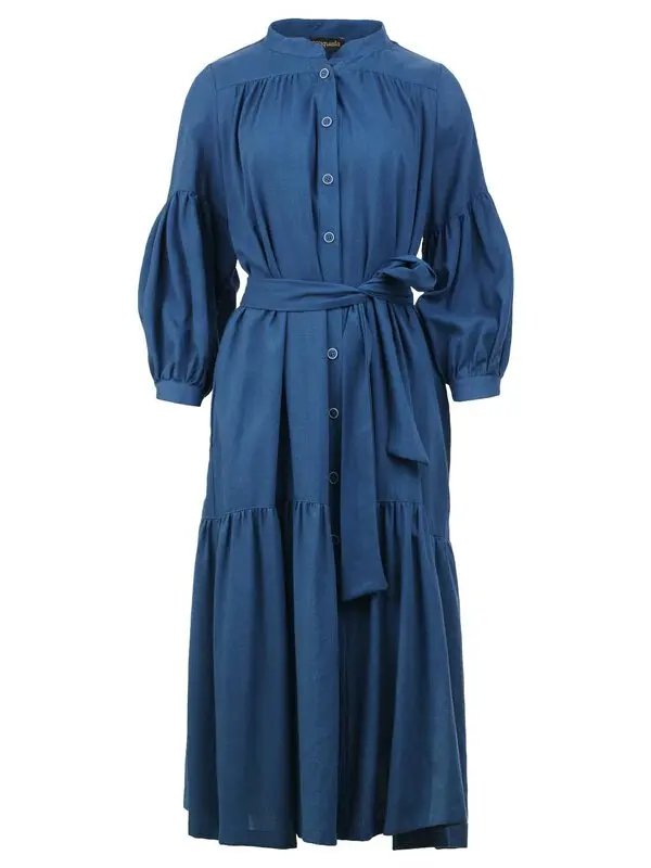 CONQUISTA Linen Style Midi Dress With Puff Sleeves And Belt - Blue
