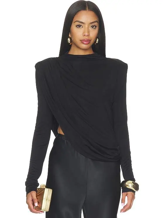 Misha Collection Draped Sheen Jersey Long Sleeve Top - Black