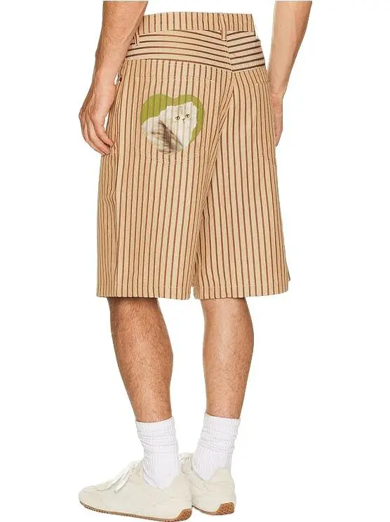 PLEASURES Cat Graphic Striped Seersucker Shorts - Beige