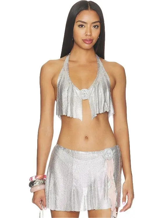 I.AM.GIA Halterneck Chainmail Rosette Top - Silver