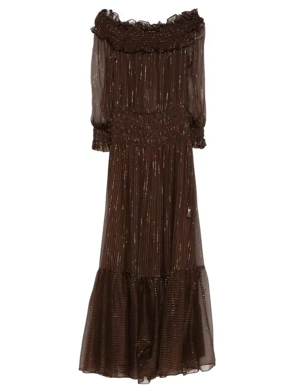SELF-PORTRAIT Long Dress With Knotted Ties And Striped Pattern - Brown