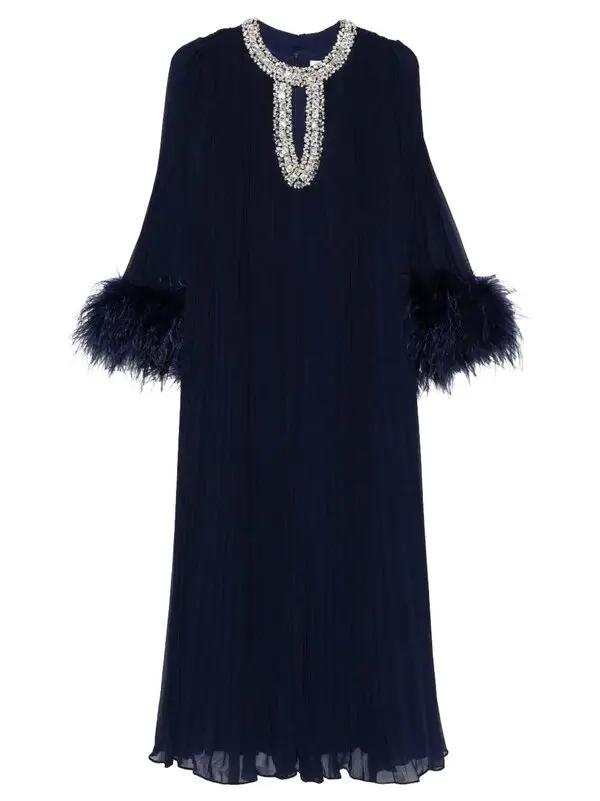 SELF-PORTRAIT Long Pleated Dress With Feather Trim - Blue