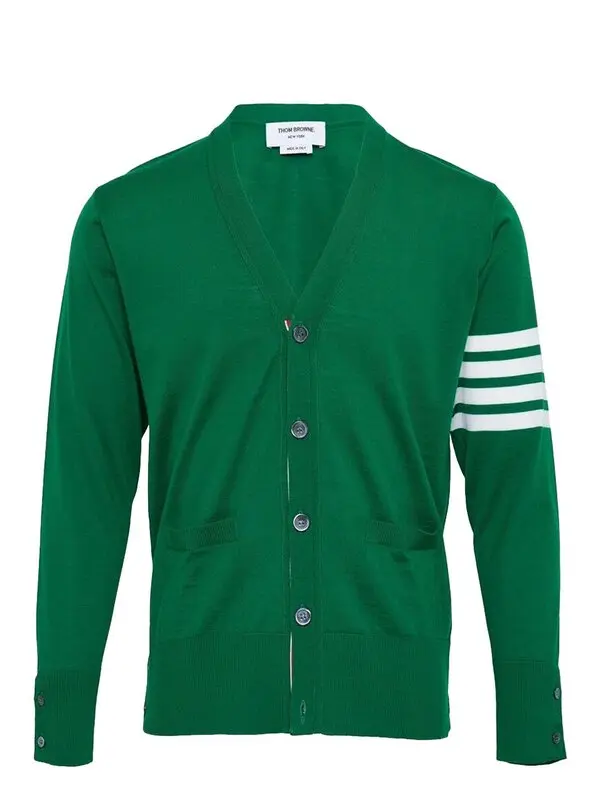 Thom Browne Merino Wool V-neck Cardigan With Four-stripe Detail - Green