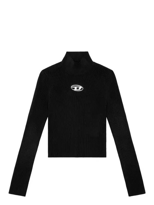 DIESEL® Ribbed High Neck Top With Logo Applique - Black