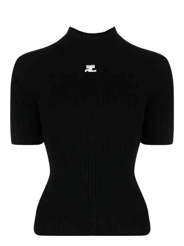 COURREGES Ribbed Knit Top With Logo Detail - Black