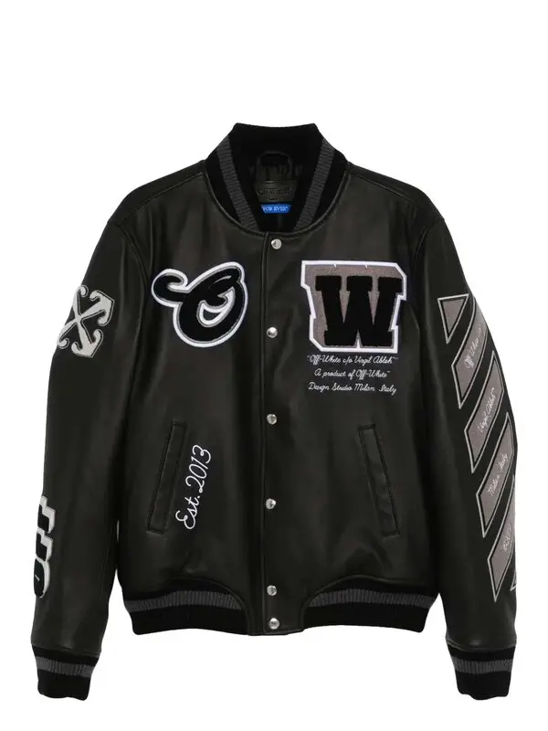 Off-White Leather Bomber Jacket With Logo Appliqu - Black