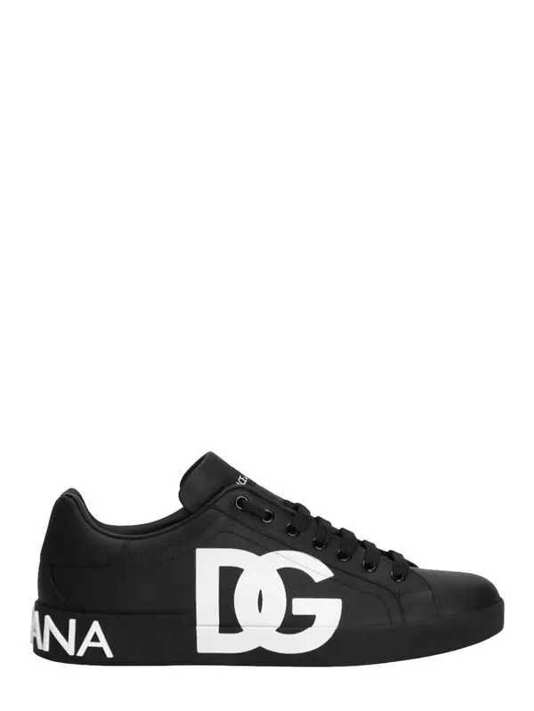 Dolce & Gabbana Portofino Sneaker In Nappa Calfskin With Printed Dg Logo - Black