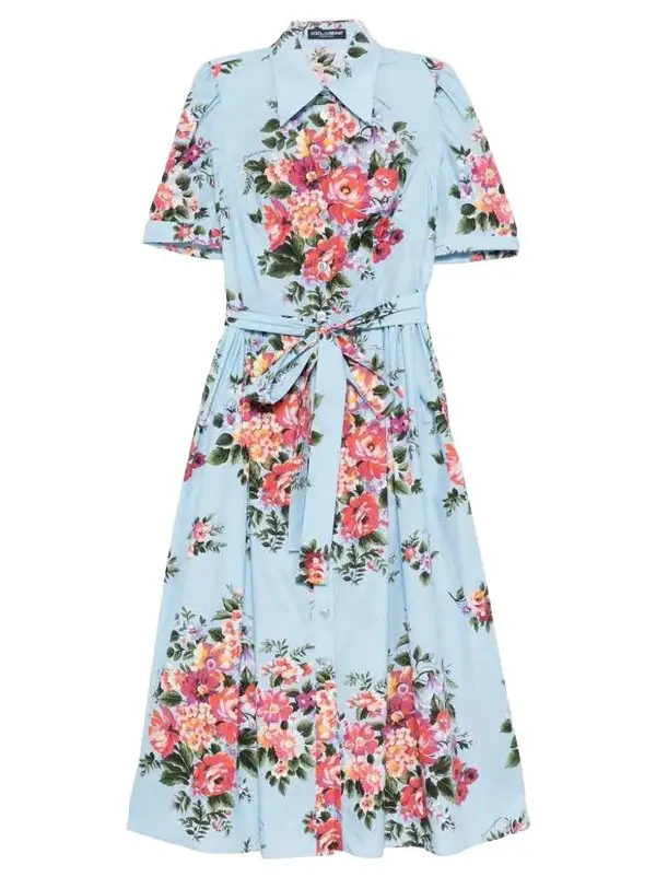 Dolce & Gabbana Belted Floral Midi Dress - Blue