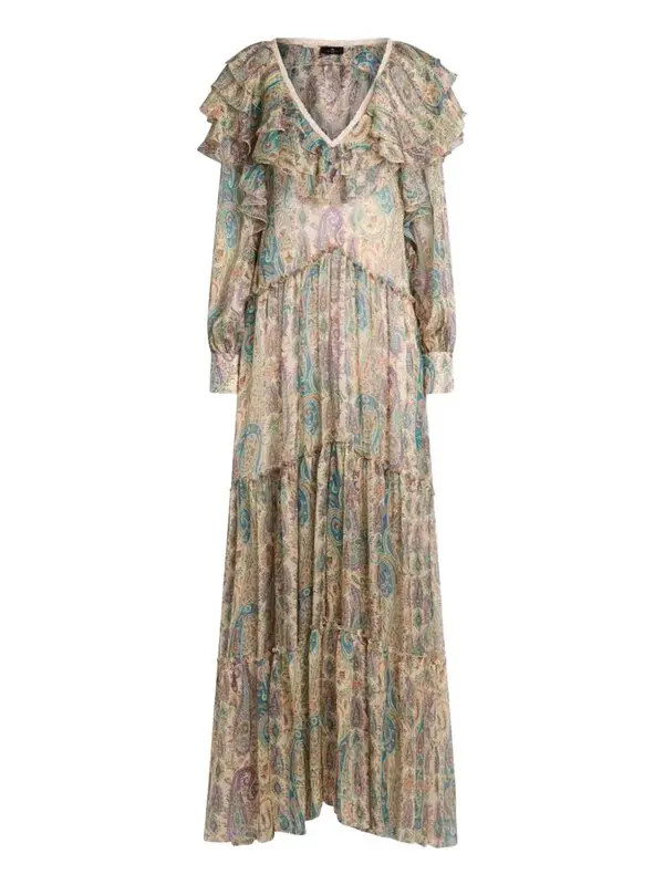 Etro Long Silk Dress With Paisley Print And Ruffled Details - Multi