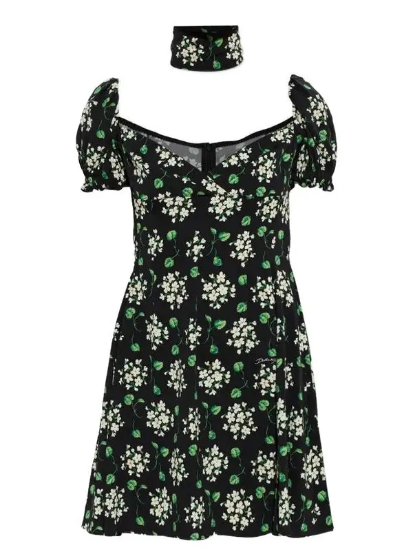 Dolce & Gabbana Black Floral Mini Dress With Puff Sleeves - Multi