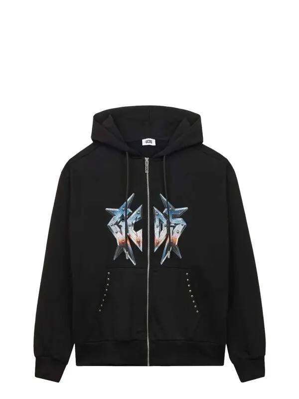 Gcds Graphic Print Zip-up Hooded Sweatshirt - Black