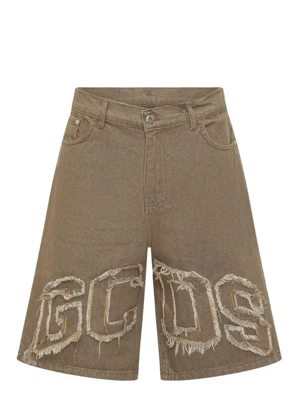 Gcds Logo Appliqué Frayed Denim Shorts - Brown