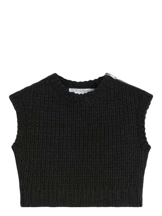 Max Mara Sleeveless Crop Sweater In Plain Cotton With Zipper Detailing - Black