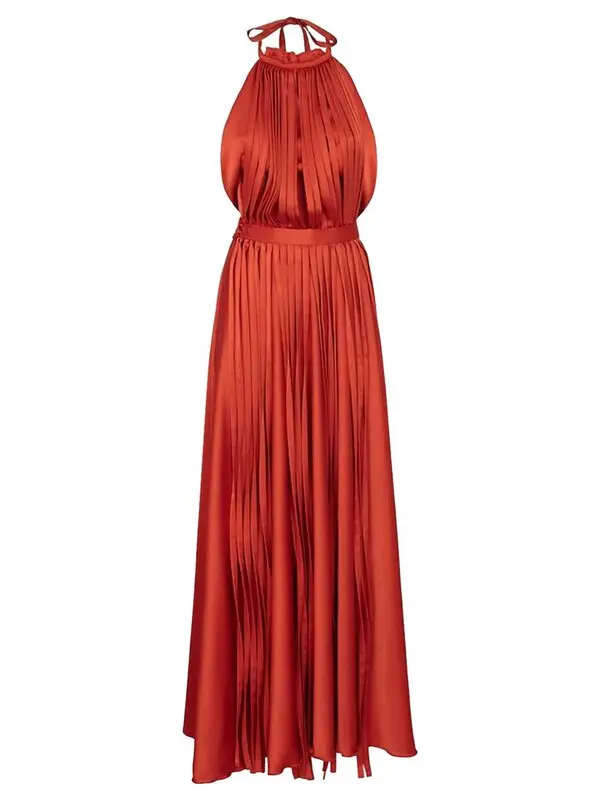Raquel Diniz Giorgia Halter Neck Pleated Silk Maxi Dress - Red
