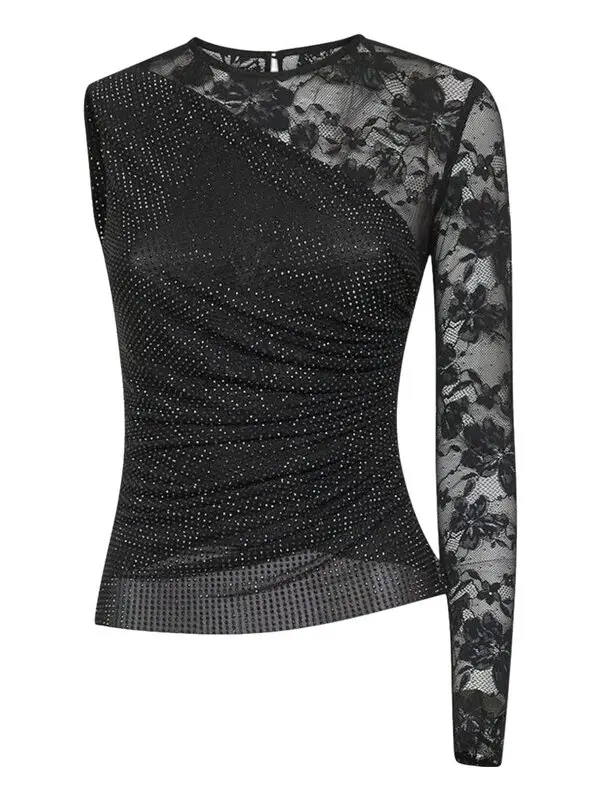 SELF-PORTRAIT One Shoulder Floral Lace Top - Black