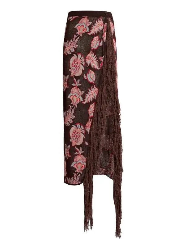 Etro Long Cotton Blend Jacquard Skirt With Fringe And Floral Pattern - Brown