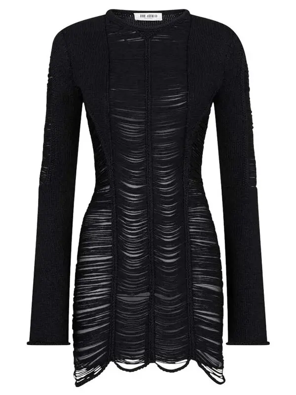 Attico Viscose Mini Dress With Fringe - Black