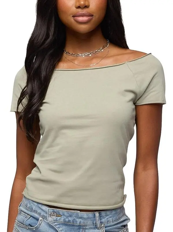EDIKTED Kamalah Boat Neck Cotton T-shirt - Sage