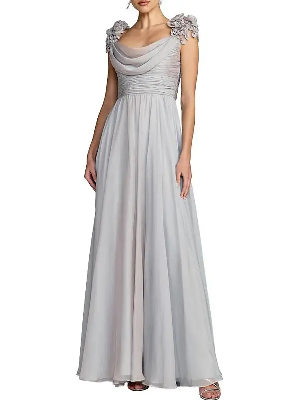 Mac Duggal Chiffon Cowl Neck Embellished Cap Sleeve Gown - Platinum