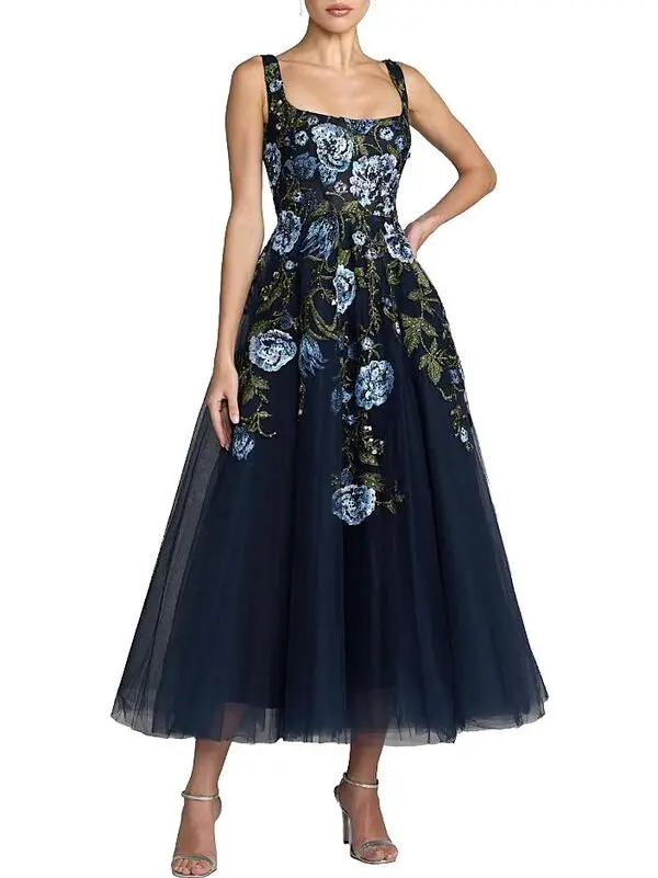 Mac Duggal Square Neck Embroidered A-line Midi Dress - Blue Multi